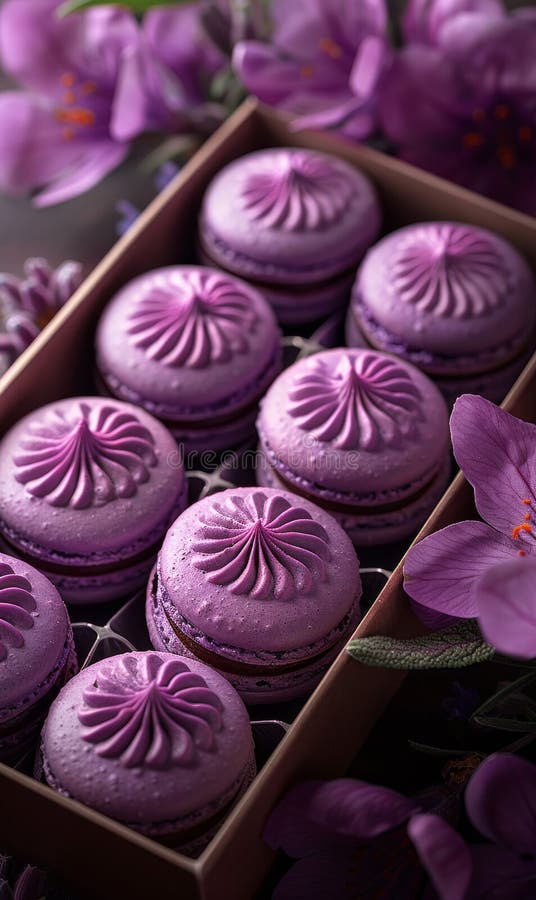 Purple Macaroons in Box with Flowers Stock Image - Image of flavor ...