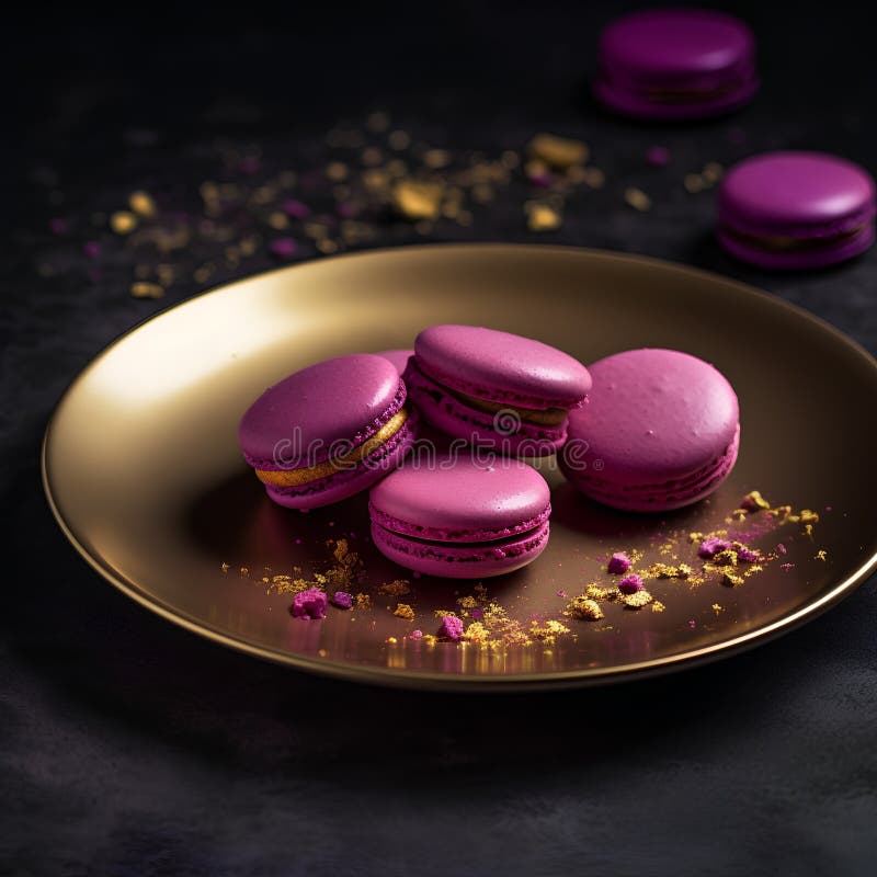 Purple Macaroons on a Golden Plate on a Dark Background Stock ...