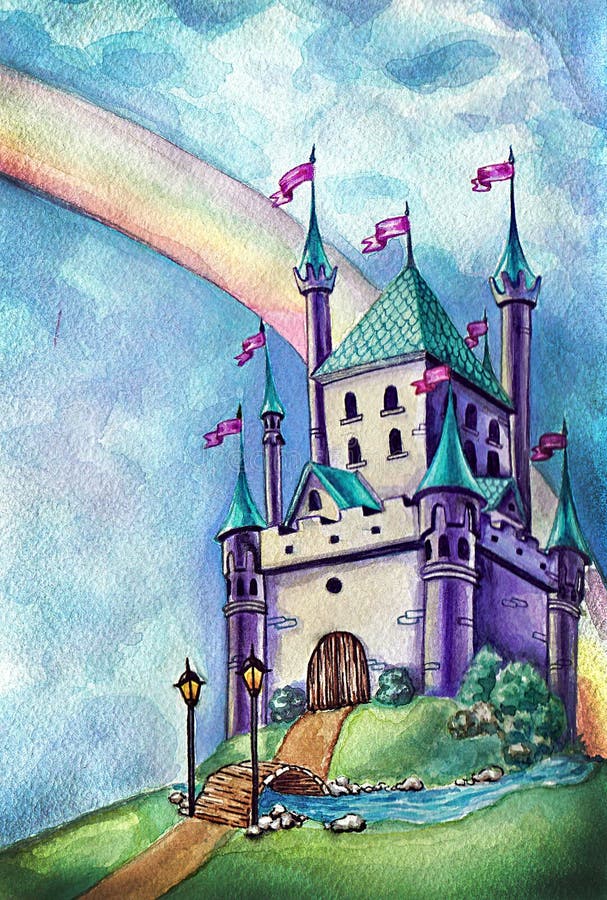 Purple Magic Castle and Rainbow Stock Illustration - Illustration of ...