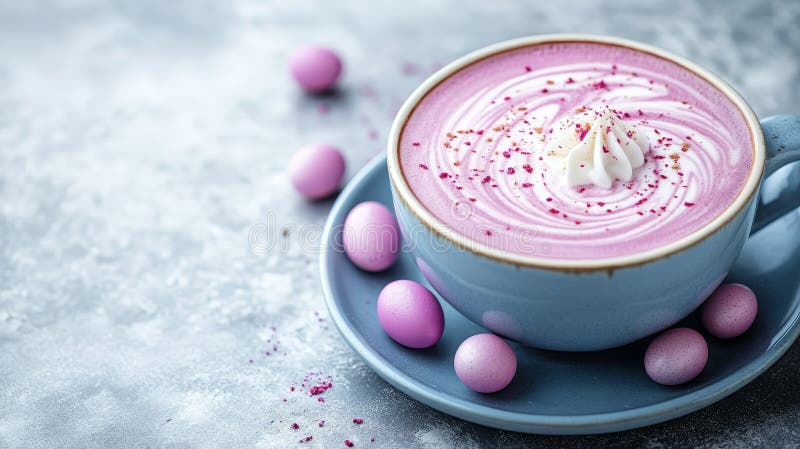 Purple Matcha Latte in a Blue Cup, Whipped Cream, Spring Easter Eggs ...