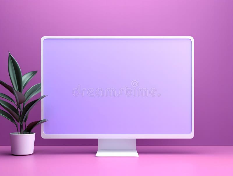 Purple Minimalist Desktop Setup: Computer Screen and Plant Stock ...