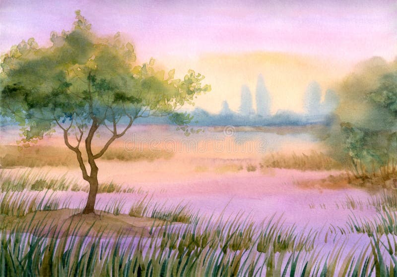 Purple mist over the lake stock illustration. Illustration of freshness ...