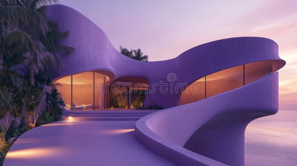 Purple Modern Cliffside Villa at Sunset Stock Illustration ...