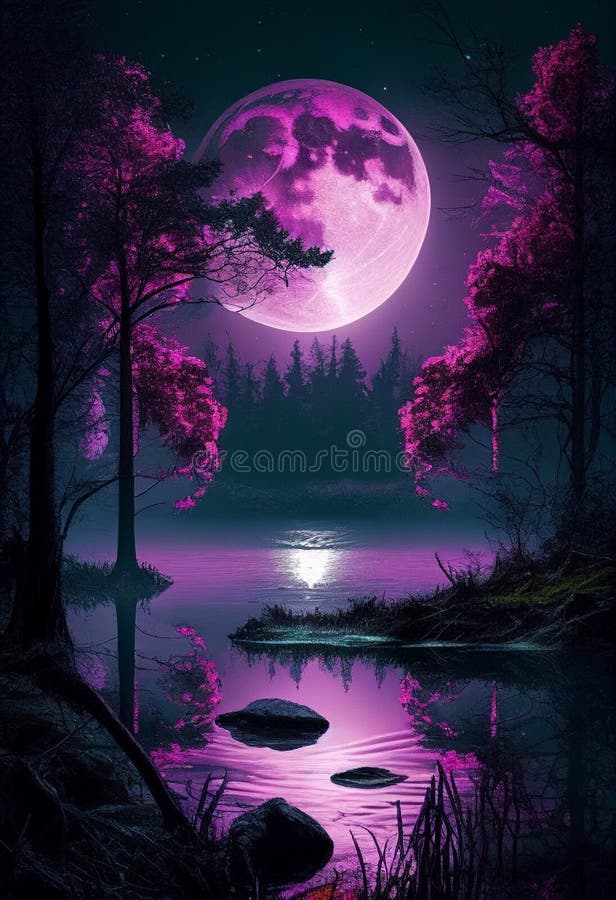 A Purple Moon Illuminates the Lake. AI Generated Stock Photo - Image of ...