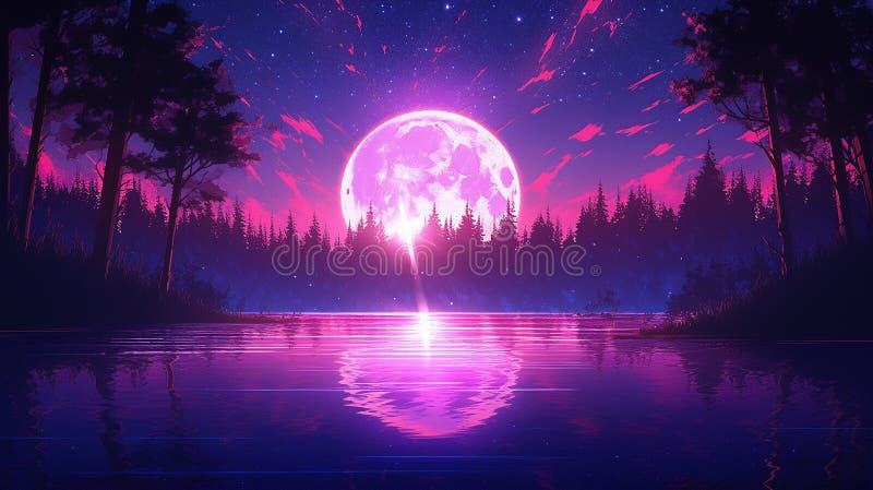 A Purple Moon Illuminates the Lake. AI Generated Stock Photo - Image of ...
