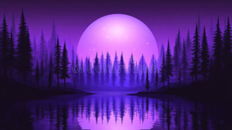 Purple Moonlit Forest Lake Reflection Stock Illustration - Illustration ...