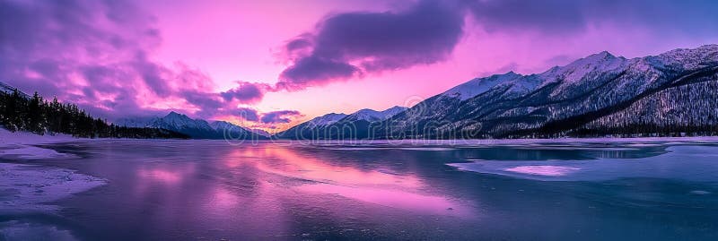 Purple Mountain Sunset Reflecting on Frozen Lake Stock Photo - Image of ...