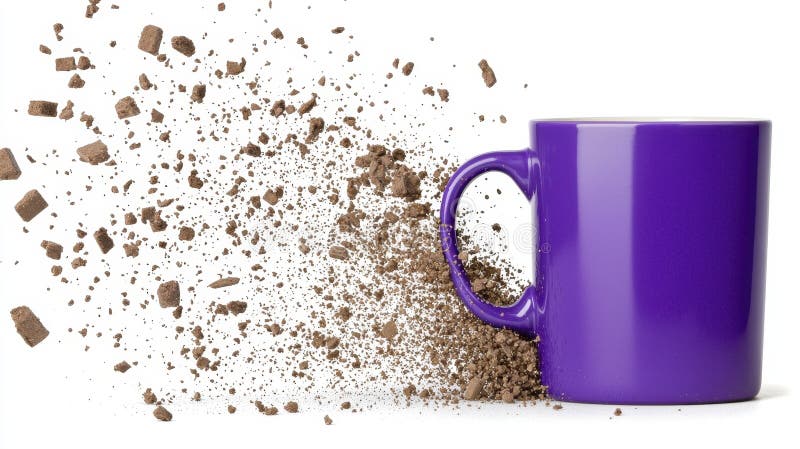 Purple Mug and Exploding Brown Crumbs on White Background Stock ...