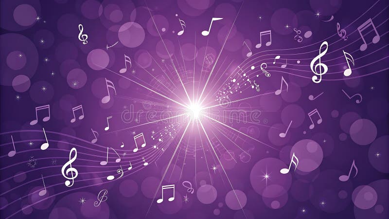 Purple Musical Background with Notes and Glowing Light Burst Stock ...
