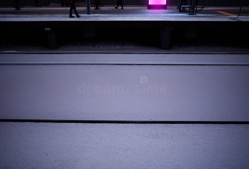 Purple Neon Ad on Winter Rail Station Background Stock Photo - Image of ...