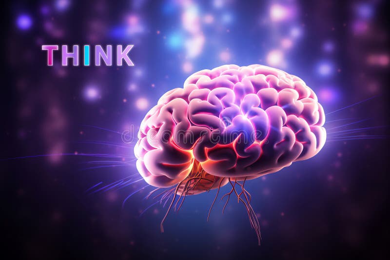 Purple Neon Human Brain Showing Intelligent Thinking, Processing ...