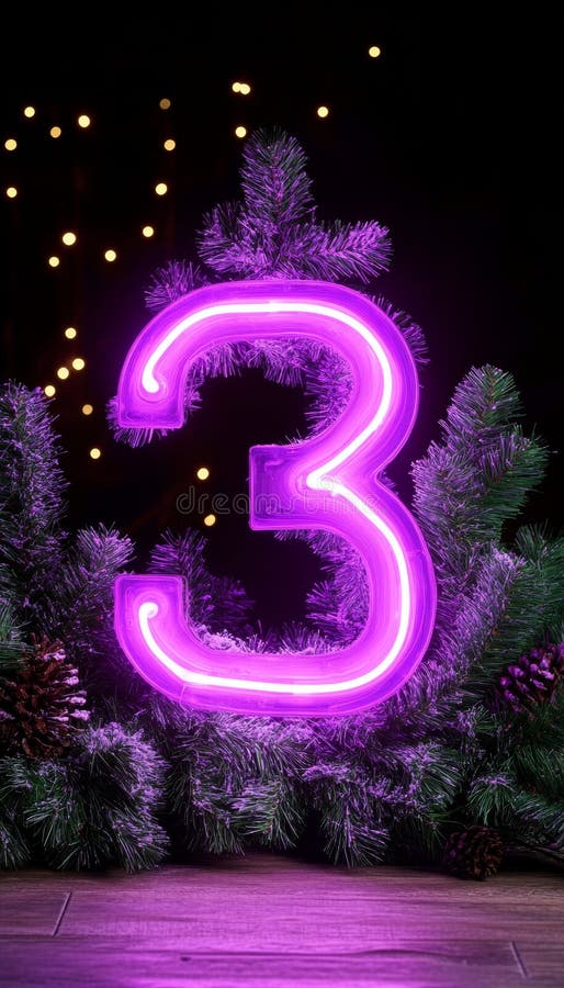 Purple Neon Number Three Sign with Pine Branches and String Lights on ...