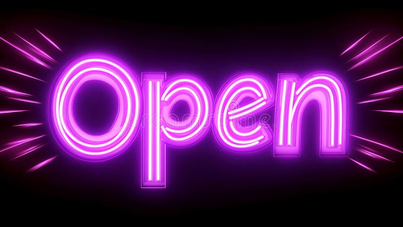 Purple Neon Sign Saying Open with Light Rays Emanating from Behind on a ...