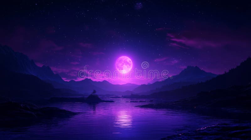 Purple Night Landscape with Full Moon and Starry Sky Stock Illustration ...