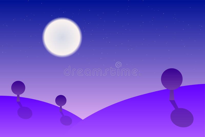 Purple Night Landscape with Hills Trees and a Moon and Stars Stock ...