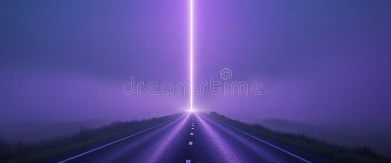 Purple Night Road Dramatic Landscape with Fog and Light Beam. Stock ...