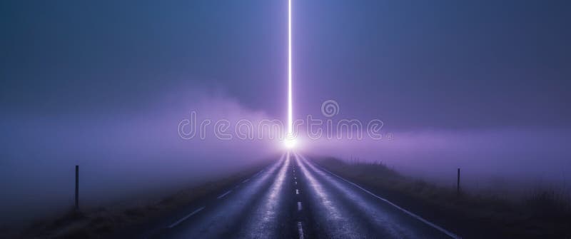 Purple Night Road Dramatic Landscape with Fog and Light Beam. Stock ...