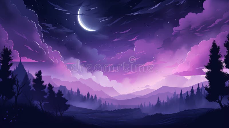 A Purple Night Sky with Mountains and Trees Stock Illustration ...