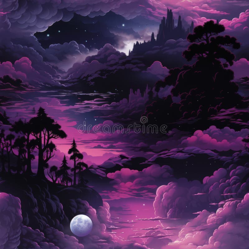 A Purple Night Sky with Trees and Clouds Stock Photo - Image of ...