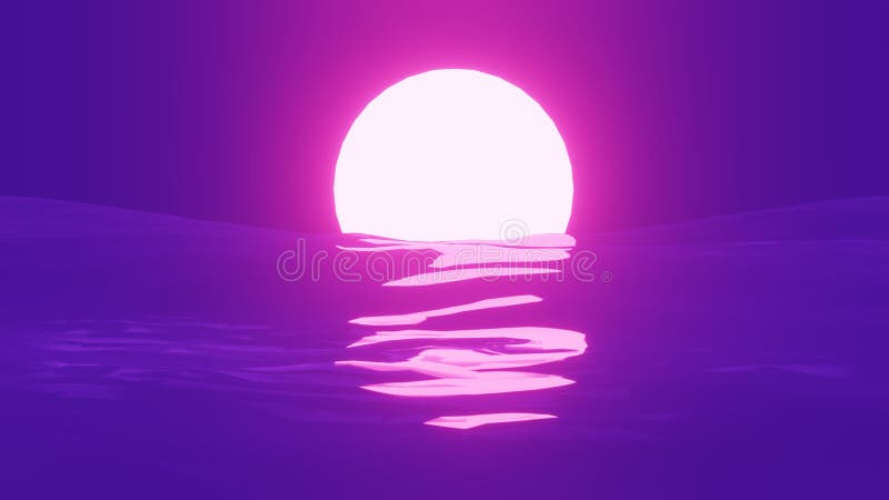Purple Ocean with Setting Sun 3d Rendering Abstract Illustration. Pink ...