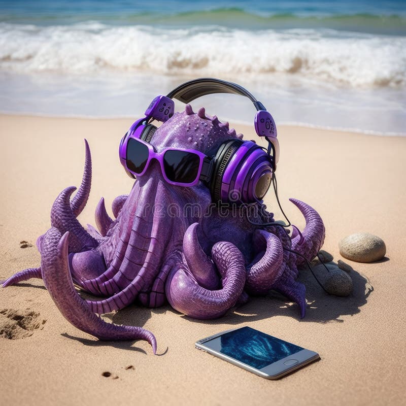 Purple Octopus with Headphones Stock Illustration - Illustration of ...