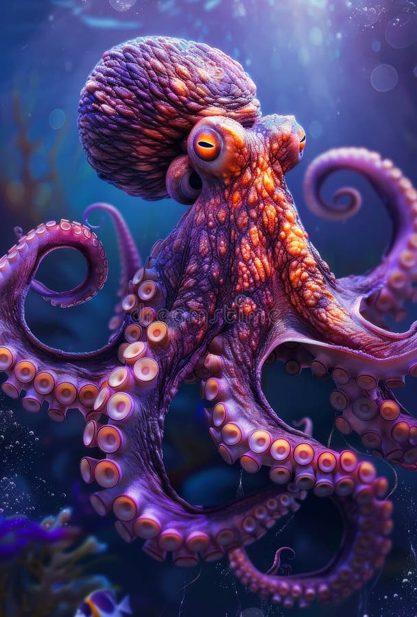 Purple Octopus Swims through the Deep Blue Sea. Stock Photo - Image of ...