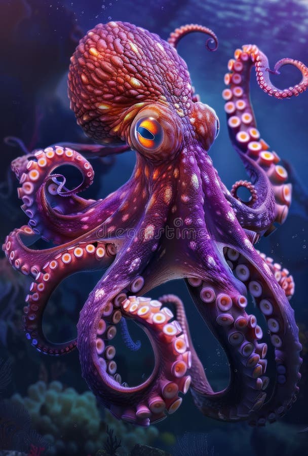 Purple Octopus Swims in the Depths of the Ocean. Stock Photo - Image of ...