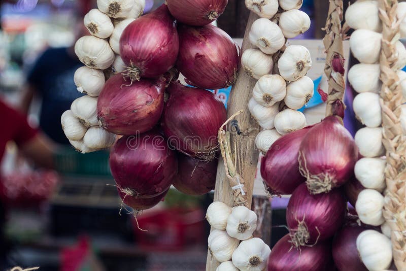 Purple Onion and Garlic Hanging on a Thread Stock Photo - Image of ...