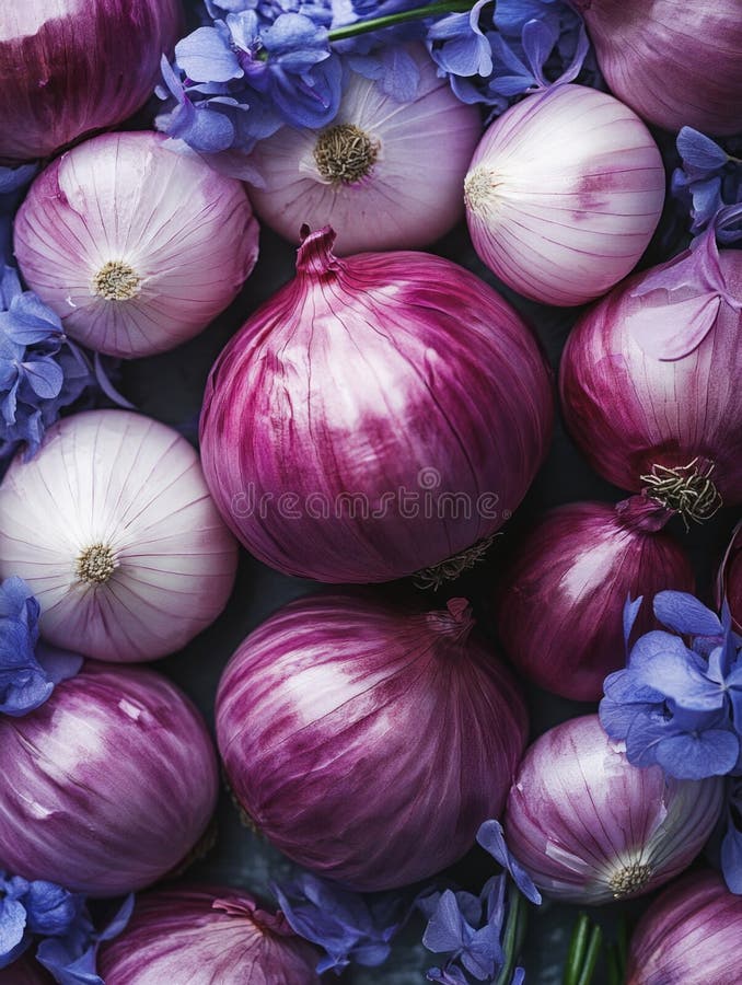 Purple Onions and Blue Flowers Stock Photo - Image of scheme, dining ...