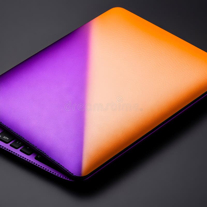 A Purple and Orange Laptop Computer Sitting on Top of a Table Stock ...
