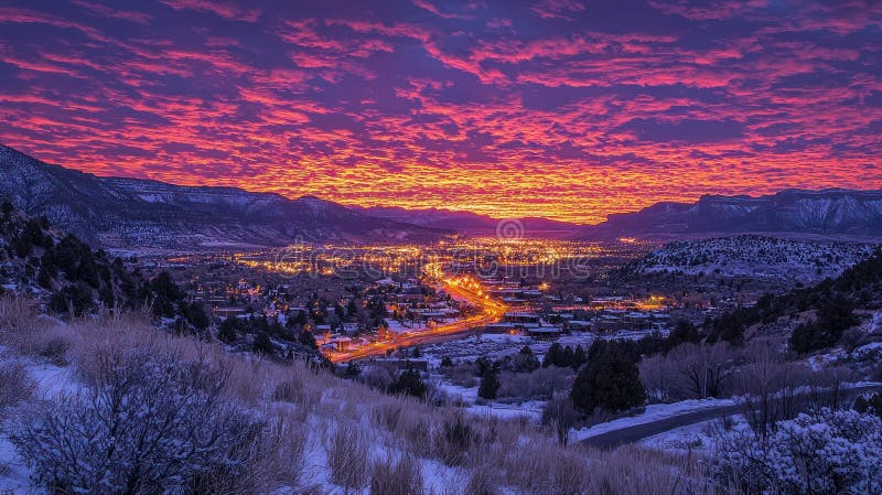 Majestic Mountains Sunset Over Snowy Valley River Stock Photos - Free ...