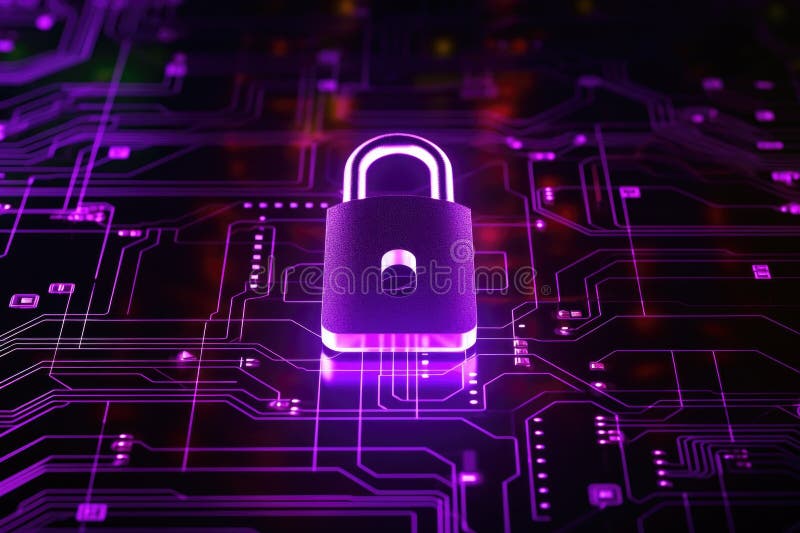 A Purple Padlock is Seen Placed on a Circuit Board. this Image Can Be ...