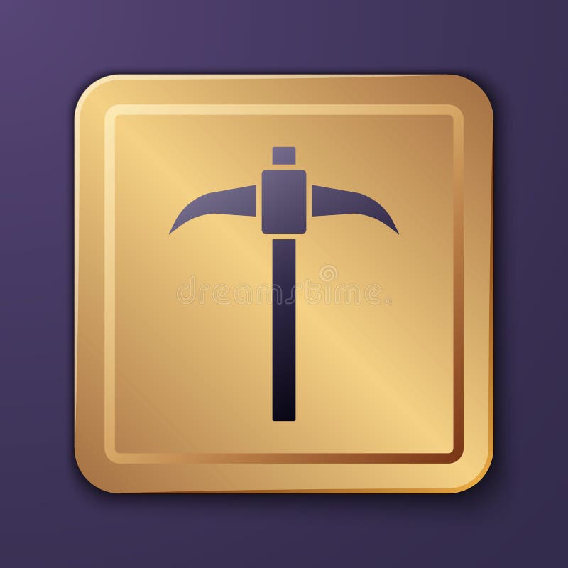 Purple Pickaxe Icon Isolated on Purple Background. Gold Square Button ...