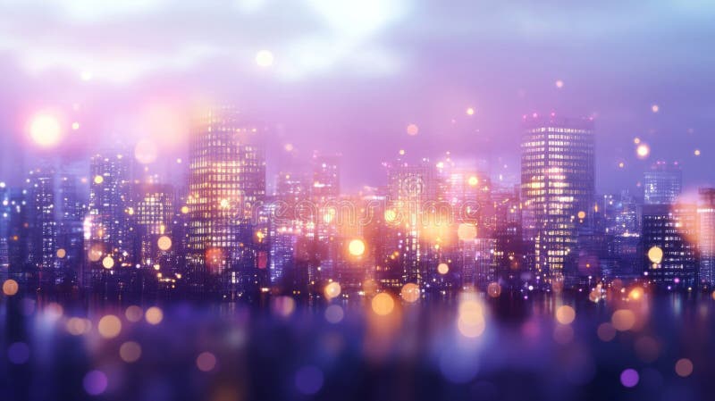 Purple Pink City Night Lights Skyline Stock Illustration - Illustration ...