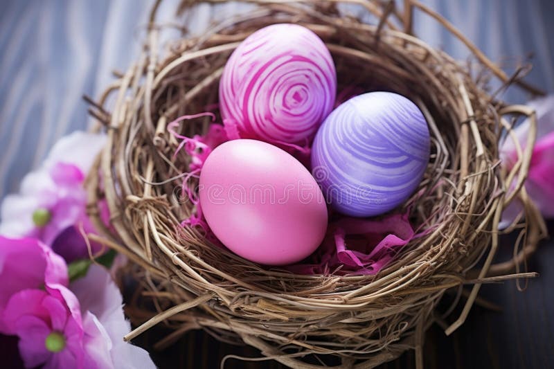 Purple and Pink Easter Eggs in a Nest Stock Image - Image of nest ...