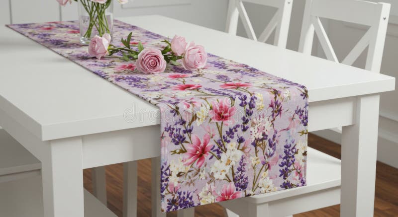 Purple and Pink Floral Table Runner on White Table Stock Illustration ...