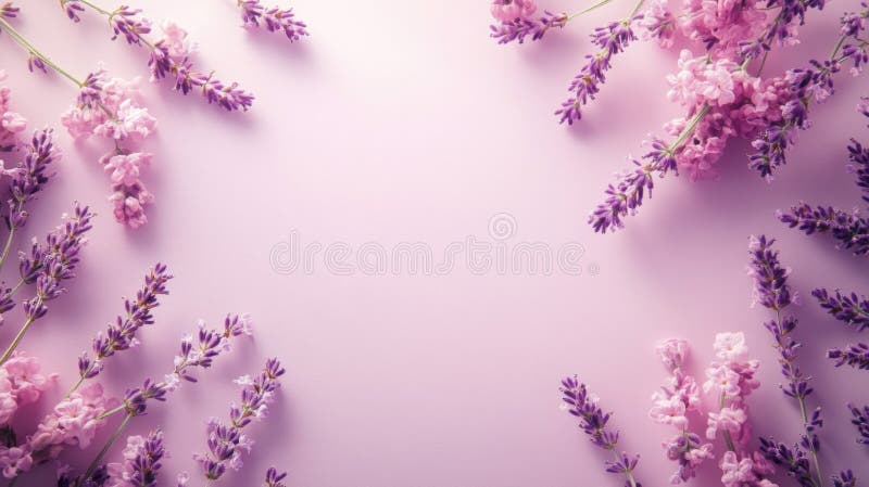 Purple and Pink Lavender Flowers Border on Soft Pink Background Stock ...