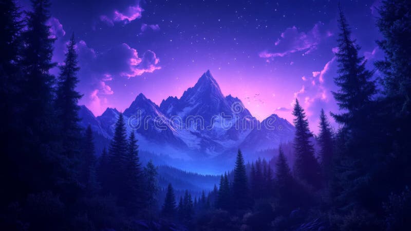 Purple and Pink Night Sky Over Snowy Mountain Range Stock Illustration ...