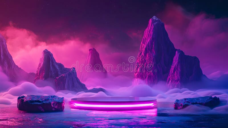 A Purple and Pink Scene with Mountains and a Glowing Light Stock Image ...