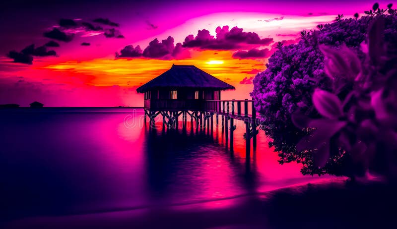 Purple and Pink Sunset Over Pier with Tree in the Foreground ...