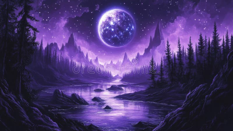 Purple Pixel Art Night Landscape with Moon and River Stock Illustration ...