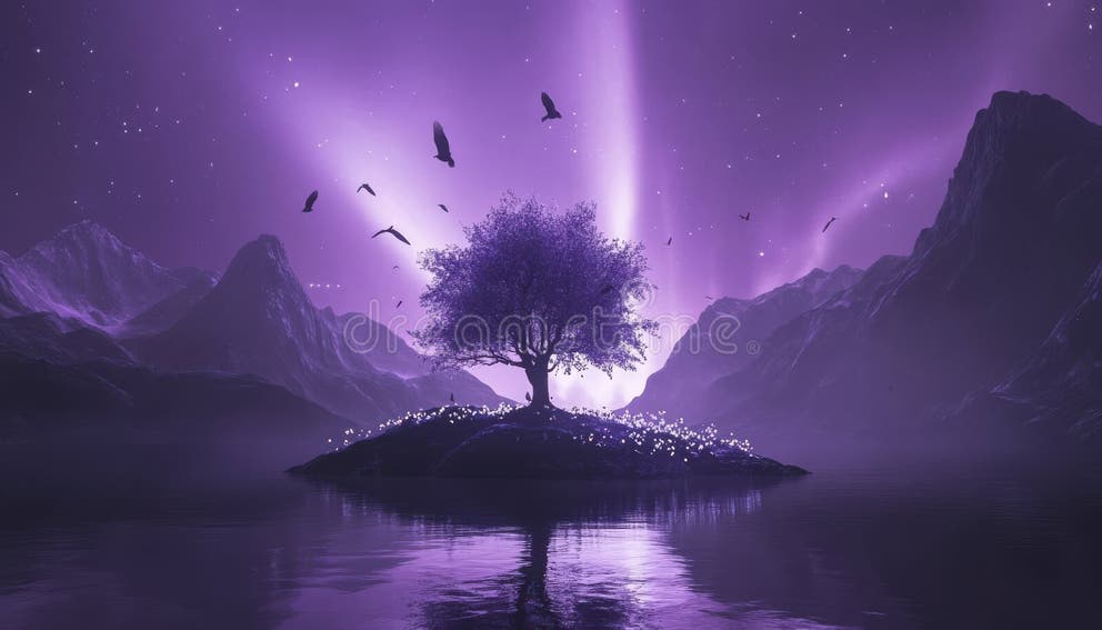 Purple Pixelated Tree on Island at Night Stock Illustration ...