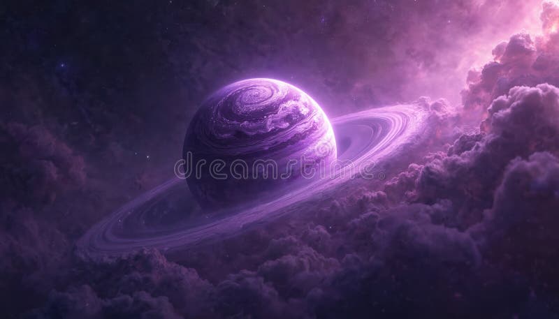 Purple Planet with Swirling Surface Sits in Dark Starry Space with ...