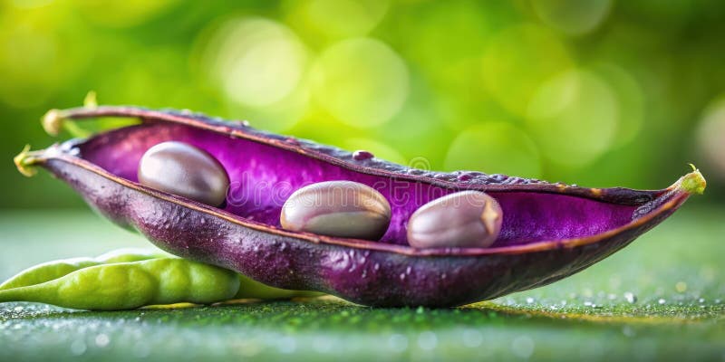 Purple Podded Beans with Three Gray Beans Inside, Resting on a Dewy ...