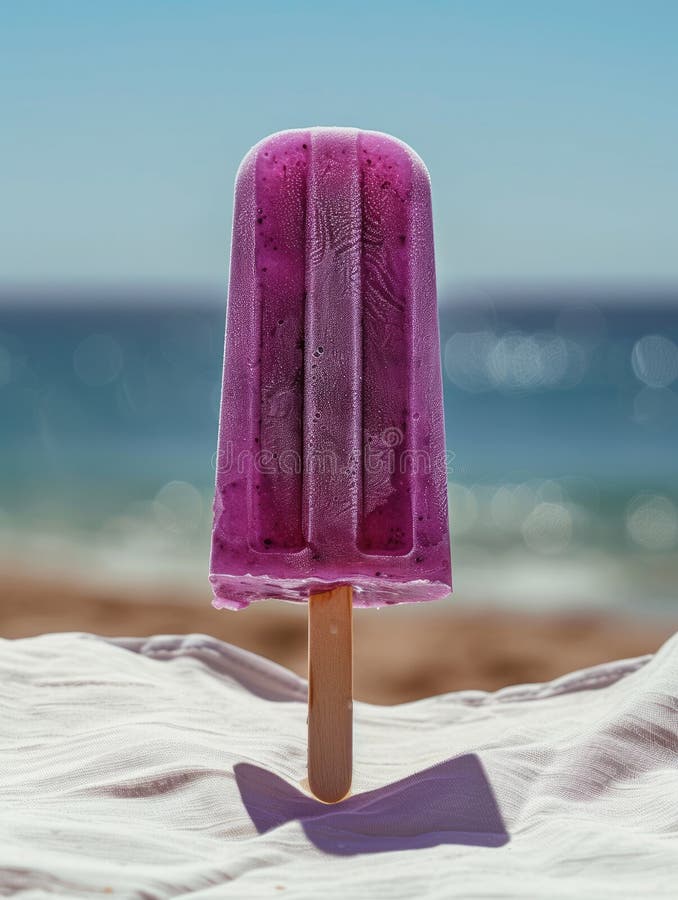 Purple Popsicle on a Beach with Blurred Ocean Background. Stock Image ...