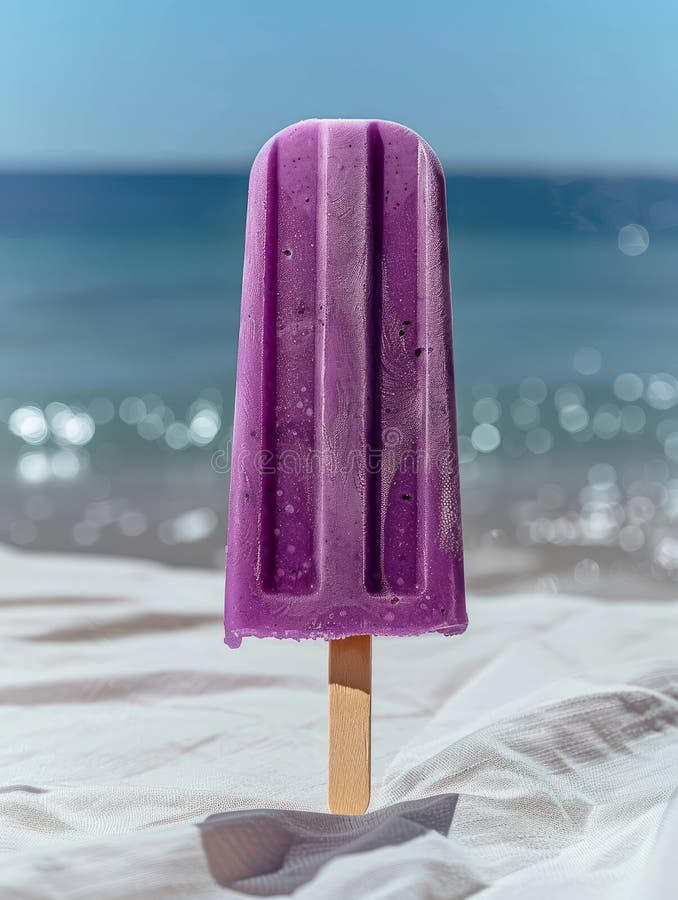 Purple Popsicle on a Stick Placed on White Fabric at the Beach. Stock ...