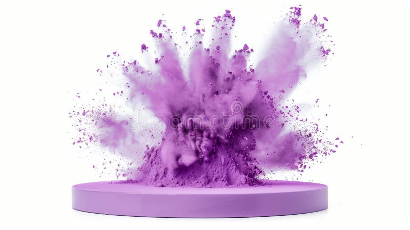 Purple Powder Chalk Explosion Behind Podium on White Background Stock ...