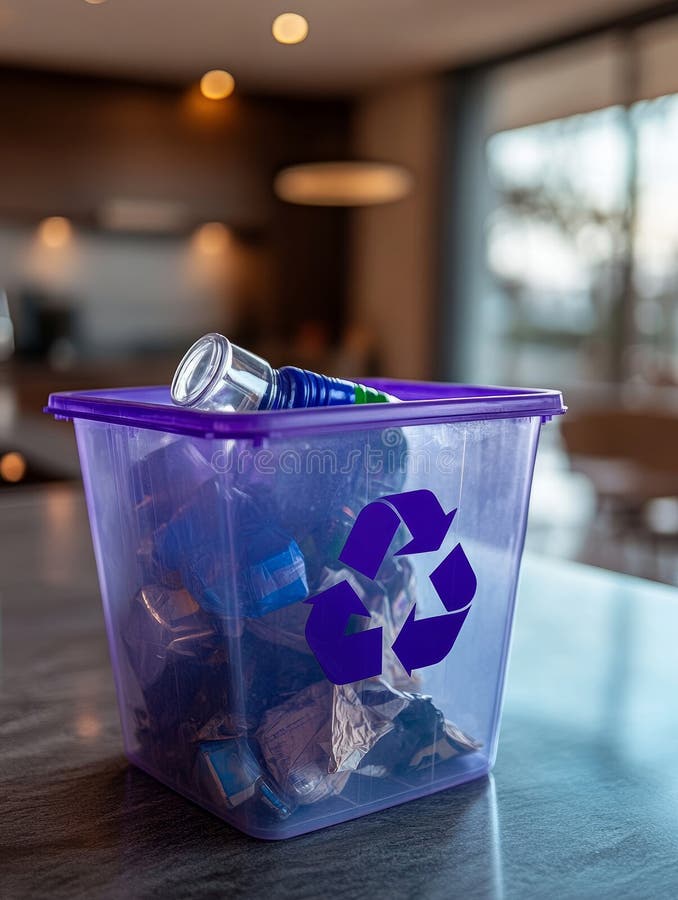 Purple Recycling Bin with Waste Inside in a Modern Room. Stock Image ...