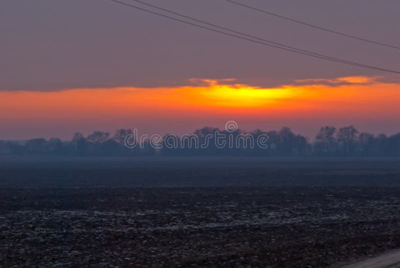 Purple-red Sunset Under the Field and Forest Stock Photo - Image of ...