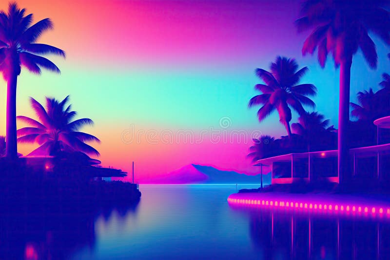 Purple Retrowave Beach Background Illustration Stock Illustration ...